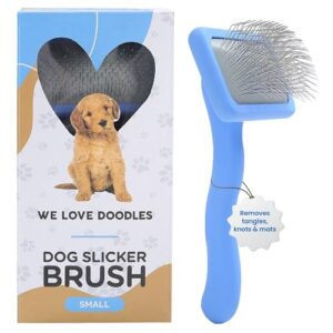 we love doodles dog slicker brush for grooming pet hair - best brushes for poodle & golden doodle - long haired brush for dogs - goldendoodle long pin brush for dematting (small)