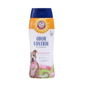 arm & hammer super deodorizing shampoo for dogs - odor eliminating dog shampoo for smelly dogs & puppies with arm & hammer baking soda -- kiwi blossom scent, 20 fl oz,white