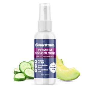 vet recommended premium dog cologne & perfume deodorizing spray - long lasting puppy safe sensitive skin formula made in usa - grooming odor eliminator - fresh cucumber melon scent - alcohol free 4 oz