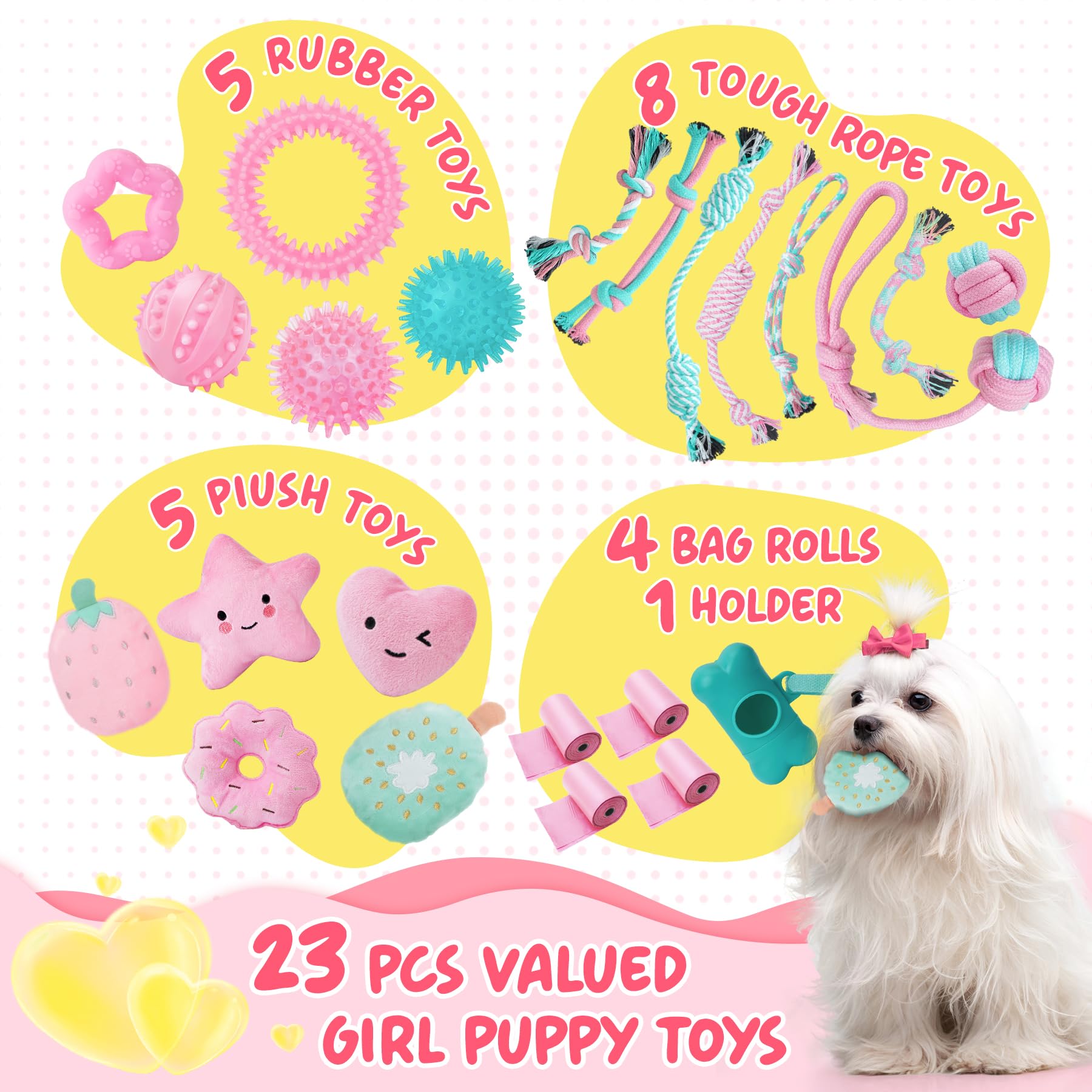 XIUGOAL Pink Puppy Toys for Boredom - 23 Pack Puppy Chew Toys for Teething, Interactive Dog Toys for Puppies, Cute Small Dog Toys with Treat Ball, Squeaky Dog Chew Toys and Ropes