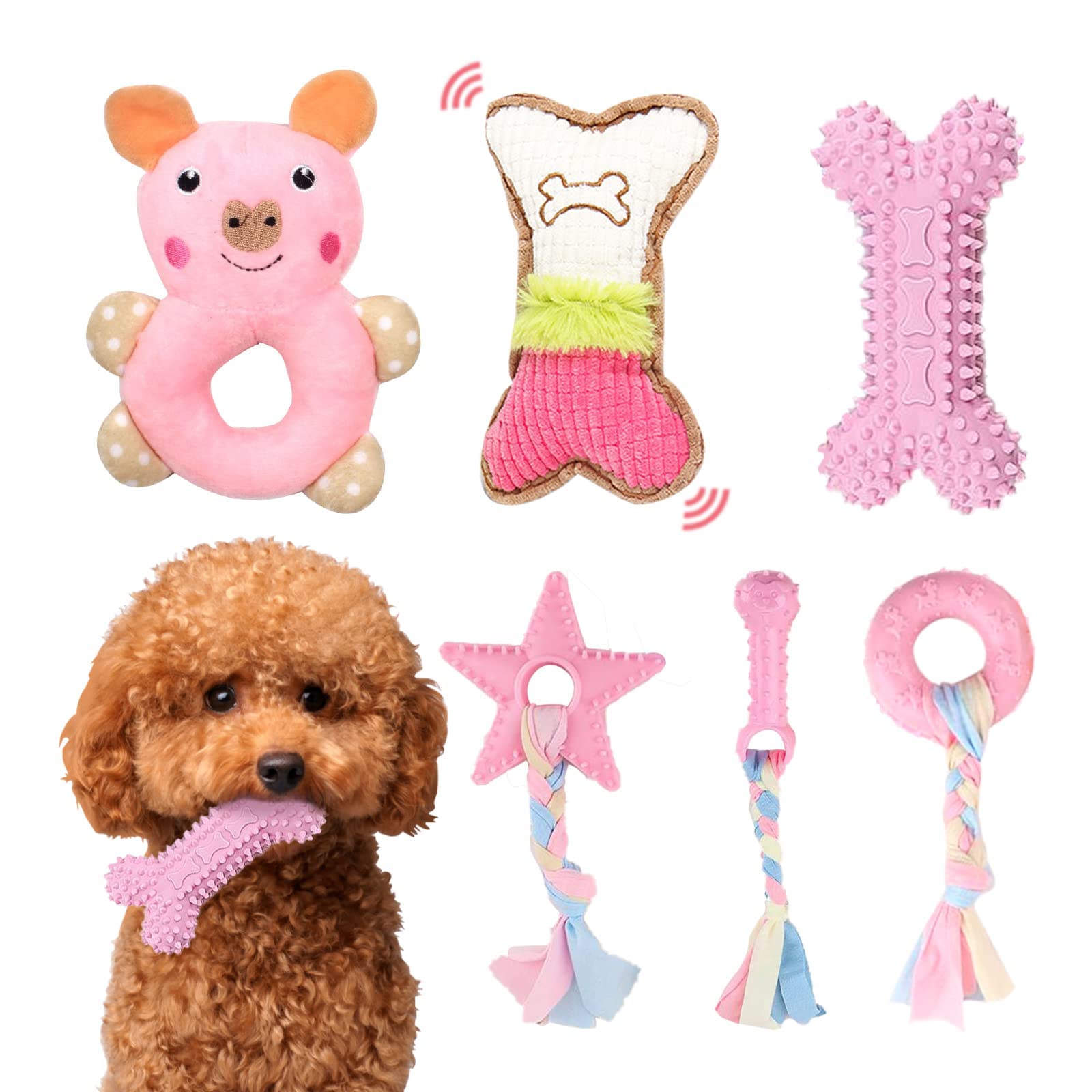 XGDMEIL 6 Pack Puppy Toys for Teething Small Dogs, Cute Pink Dog Chew Toys for Puppies, Soft Squeaky Dog Toys for Small Breed Cleaning Doggy Teeth, Outdoor Interactive Small Dog Chew Toys Set