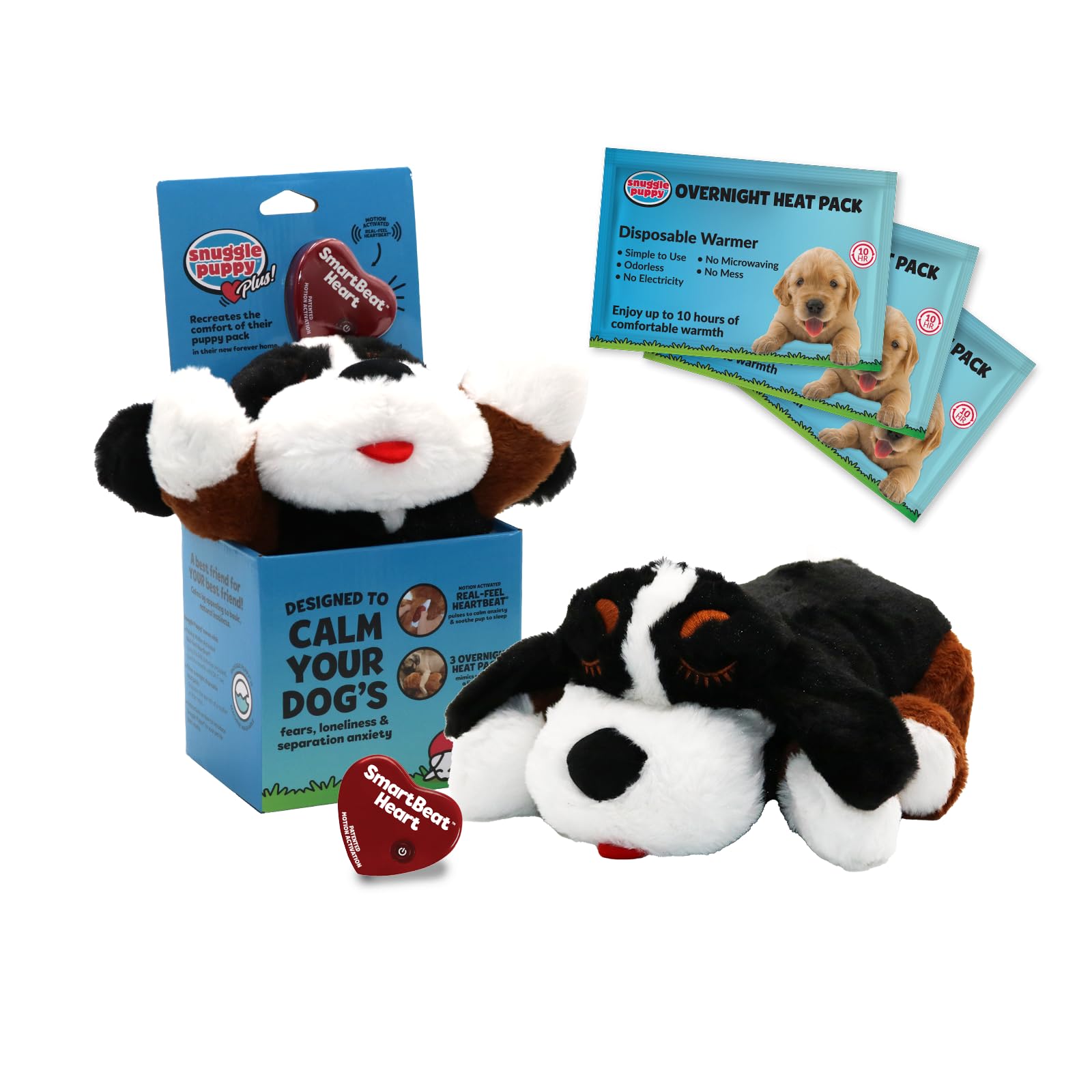 Snuggle Puppy PLUS with 3 Heat Packs & ALL NEW Smartbeat Motion Activated RealFeel Heartbeat, Pet Anxiety Relief and Calming Aid - Comfort Toy for Behavioral Training (Bernese)