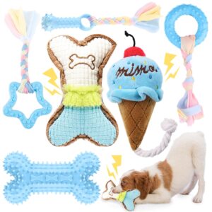 baejmjk 6 pack puppy teething toys blue small breed dog chew toys with rope cute plush squeaky dog toys soft rubber puppy toys set for cleaning teeth interactive pet doggy bone toys