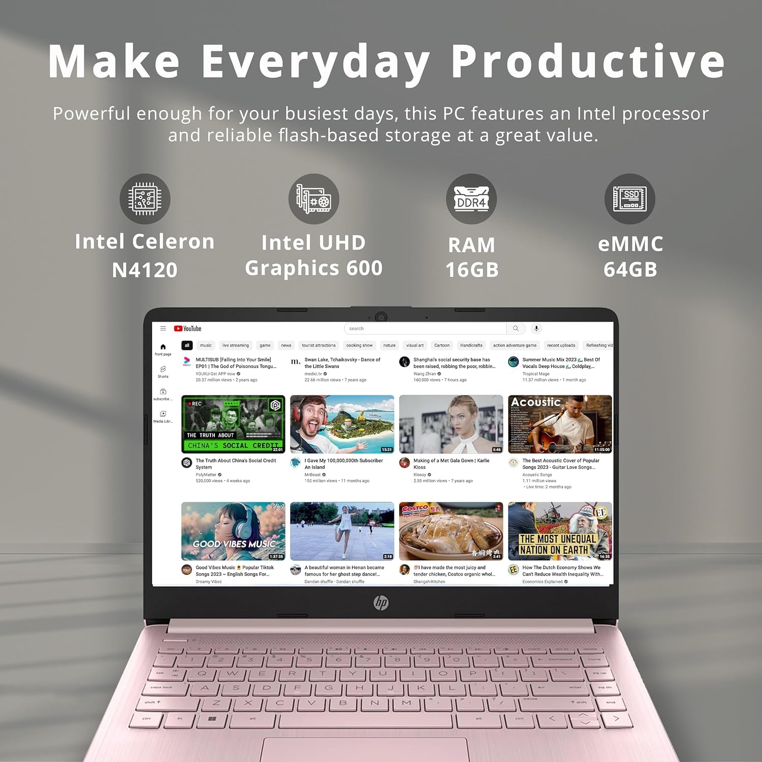 HP Stream 14" HD BrightView Laptop, Intel Celeron N4120 Processor, 16GB RAM, 64GB Storage, Intel HD Graphics, 720p Webcam, 1 Year Office 365, Pink, Win 11 S, 32GB Hotface USB Card