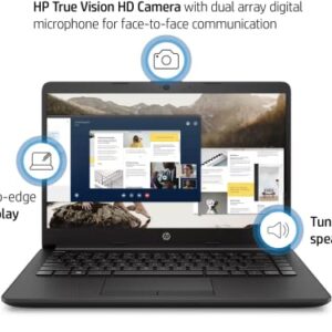 HP 2022 Stream 14" HD laptop, Intel Celeron N4120 Processor, 8GB RAM, 64GB eMMC Storage, HD Webcam, HDMI, Wi-Fi, Bluetooth, Black, Office 365 1-year, Windows 11 S, 32GB SnowBell USB Card