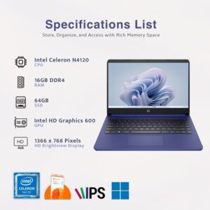 HP 2023 Stream Laptop, 14" Display, Intel Celeron N4120, 16GB RAM, 64GB eMMC + 256GB SD Card, Intel UHD Graphics 600, Wi-Fi, Bluetooth, Webcam, 1 Year Office 365, Windows 11 Home in S Mode, Blue