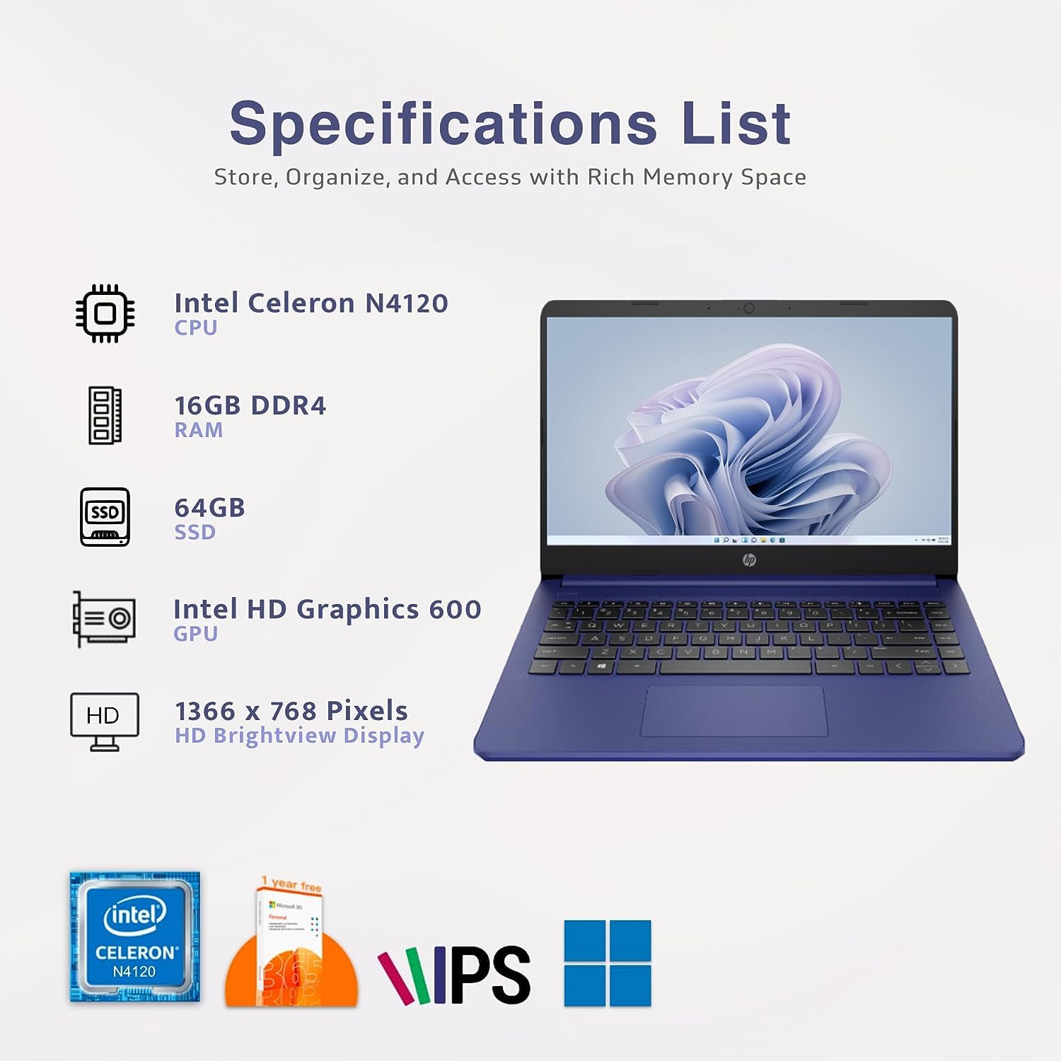 HP 2023 Stream Laptop, 14" Display, Intel Celeron N4120, 16GB RAM, 64GB eMMC + 256GB SD Card, Intel UHD Graphics 600, Wi-Fi, Bluetooth, Webcam, 1 Year Office 365, Windows 11 Home in S Mode, Blue