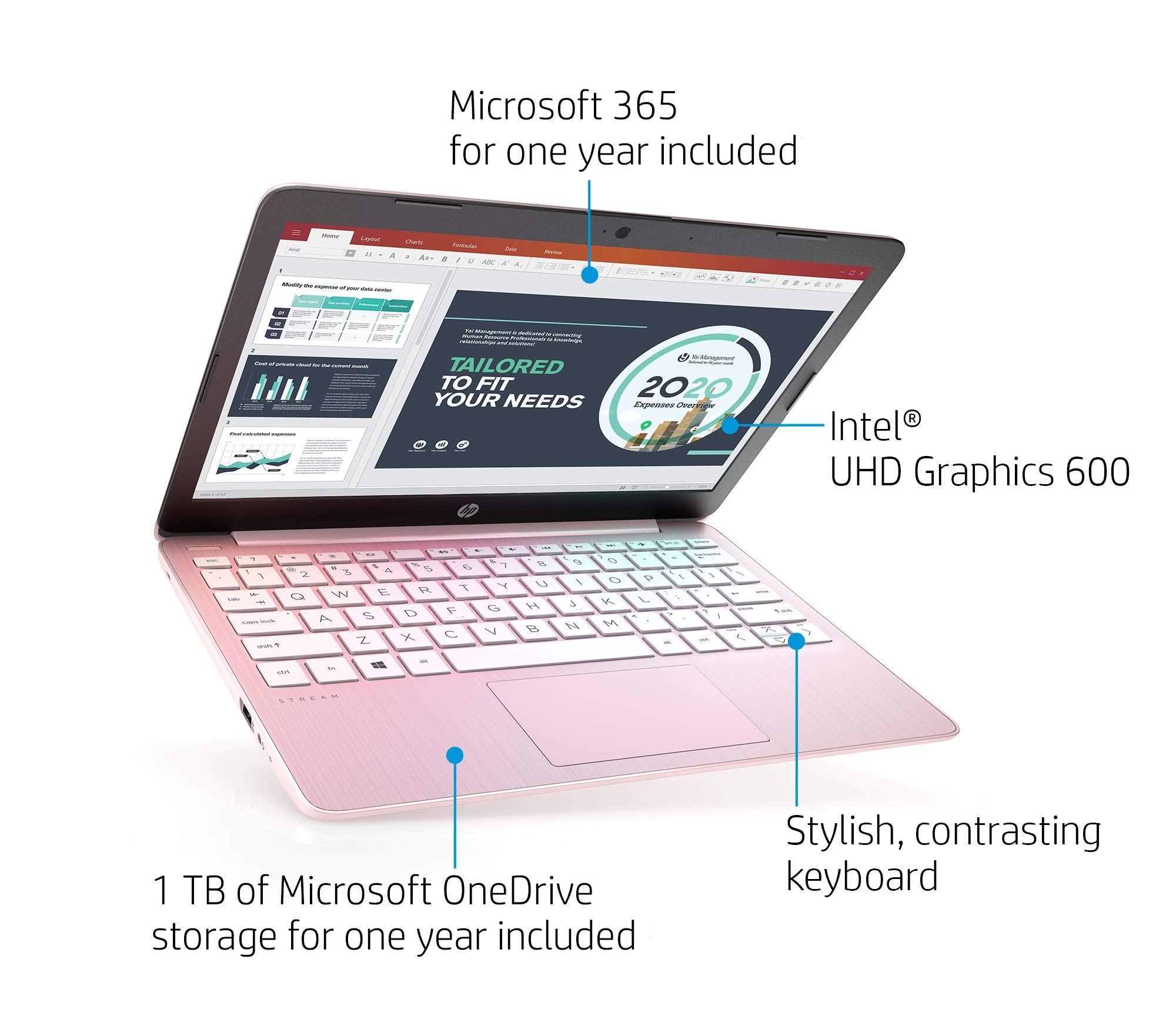 HP 2021 Stream 11.6-inch HD Laptop PC, Intel Celeron N4020, 4 GB RAM, 64 GB eMMC, WiFi 5, Webcam, HDMI, Windows 10 S with Office 365 Personal for 1 Year + Fairywren Card (Rose Pink)