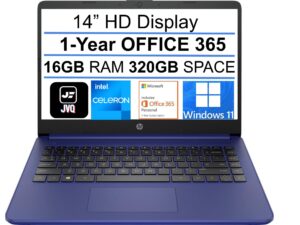 hp 2022 newest stream 14" hd laptop, intel celeron n4020(up to 2.8ghz), 16gb ram, 320gb space(64gb emmc+256gb card), 1-year office 365, wifi, hdmi, usb-c, webcam, bluetooth, windows 11s, blue+jvq mp