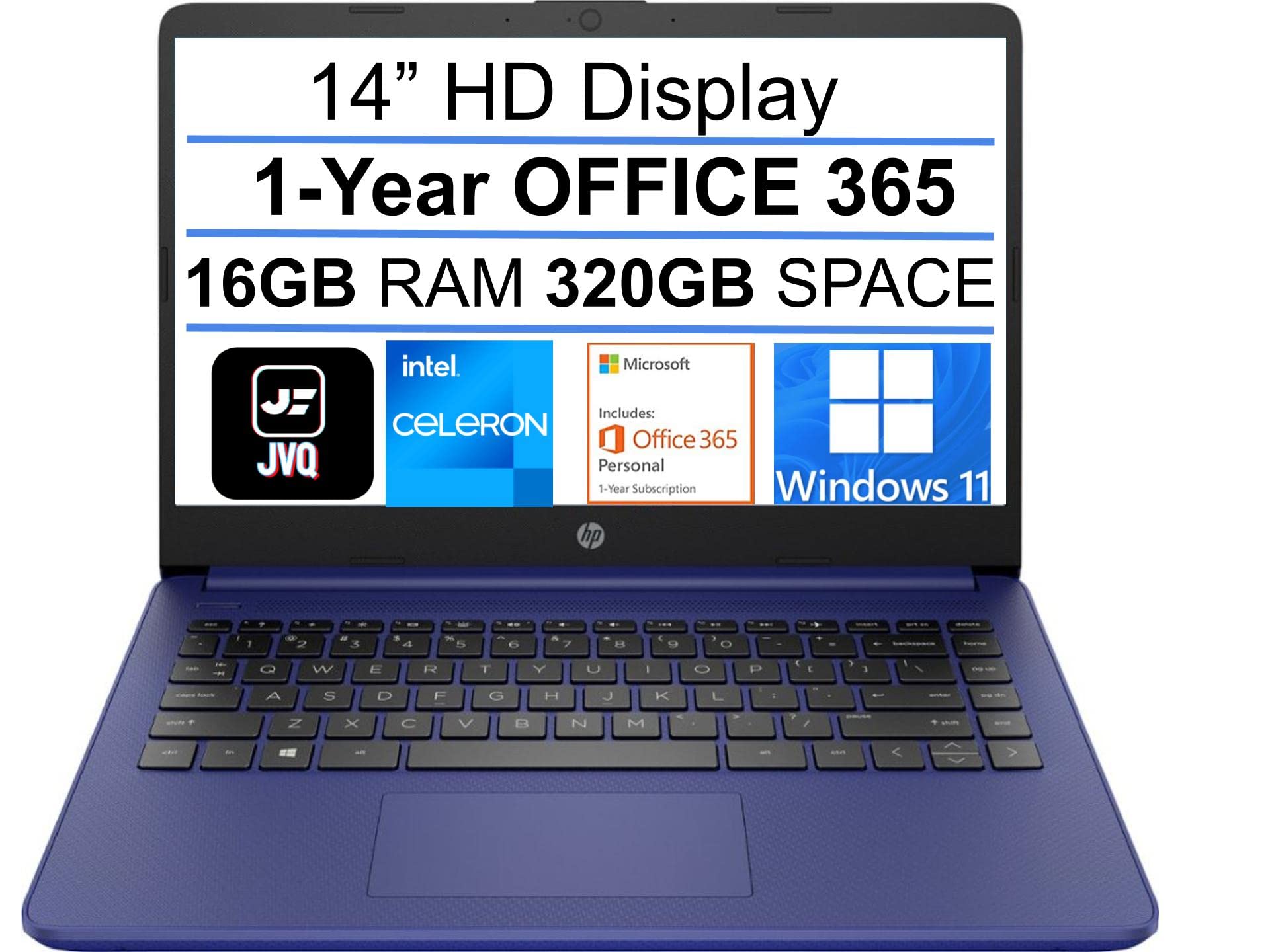 HP 2022 Newest Stream 14" HD Laptop, Intel Celeron N4020(up to 2.8GHz), 16GB RAM, 320GB Space(64GB eMMC+256GB Card), 1-Year Office 365, WiFi, HDMI, USB-C, Webcam, Bluetooth, Windows 11S, Blue+JVQ MP