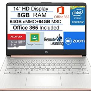 hp Newest Stream 14" HD SVA Laptop Computer, Intel Celeron N4000 Processor, 8GB RAM, 128GB Space(64GB eMMC+64GB MSD), Office 365, HDMI, USB-C, Windows 10, Rose Gold, AllyFlex MP, Online Class