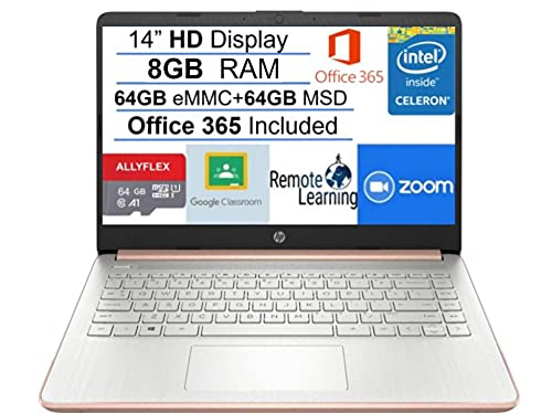 hp Newest Stream 14" HD SVA Laptop Computer, Intel Celeron N4000 Processor, 8GB RAM, 128GB Space(64GB eMMC+64GB MSD), Office 365, HDMI, USB-C, Windows 10, Rose Gold, AllyFlex MP, Online Class