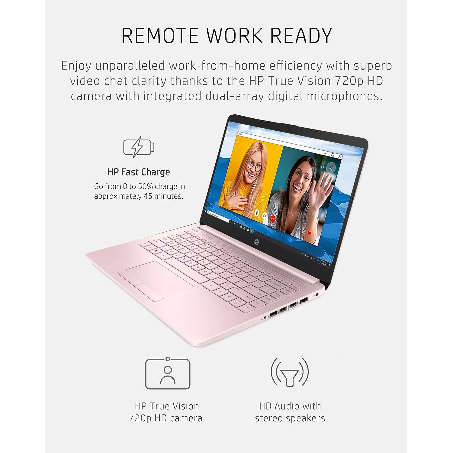 HP Premium 14-inch HD Thin and Light Laptop, Intel Quad-Core Processor, Long Battery Life, Webcam, Bluetooth, Wi-Fi, Portable SSD (8GB RAM | 320GB Storage, Pink)