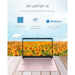 HP Premium 14-inch HD Thin and Light Laptop, Intel Quad-Core Processor, Long Battery Life, Webcam, Bluetooth, Wi-Fi, Portable SSD (8GB RAM | 320GB Storage, Pink)