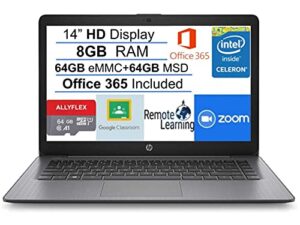 hp 2021 newest stream 14" hd sva laptop computer, intel celeron n4020, 8gb ram, 128gb space(64gb emmc+64gb msd), office 365, hdmi, bluetooth, windows 10, black, allyflex mp, online class ready