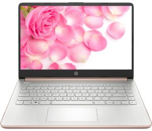 hp newest 14in schools and business laptop, intel quad-core n4120 cpu, 8gb ram, 64gb emmc, 256gb micro sd, 1-y office 365, webcam, hdmi, wifi, win 11 s(rose gold), hp 14in