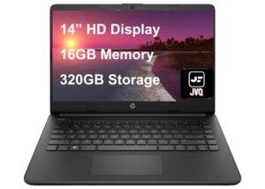 hp stream laptop, 14" hd display, intel celeron n4120 processor, 16gb memory, 320gb storage (64gb emmc + 256gb micro sd), webcam, hdmi, wi-fi, usb-c, windows 11 home, jet black, jvq mp