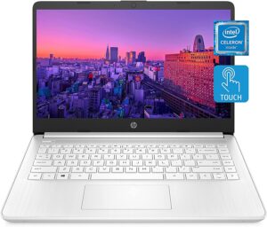 hp 14 series 14" touchscreen laptop, 4gb ram, 128gb storage (64gb emmc+64gb card), intel celeron n4020, intel uhd graphics 600, wifi, webcam, 1-year office 365, win 11, snow white, w/galimu