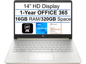 hp 2022 newest stream 14" hd laptop, intel celeron n4020(up to 2.8ghz), 16gb ram, 320gb space(64gb emmc+256gb card), 1-year office 365, wifi, hdmi, usb-c, webcam, bluetooth, windows 10s, gold+jvq mp