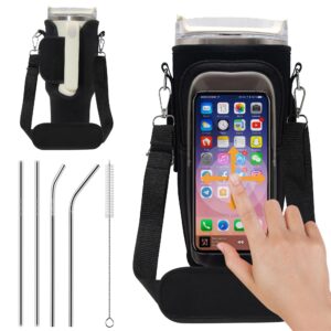 water bottle holder pouch with strap for stanley quencher h2.0 and adventure 40 oz tumbler, water bottle carrier bag with phone pocket and 4 stainless steel straws for tumbler with handle accessories