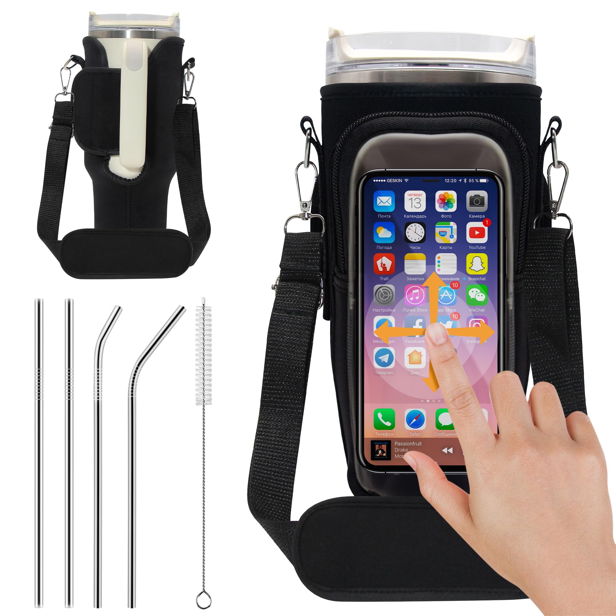 Water Bottle Holder Pouch with Strap for Stanley Quencher H2.0 and Adventure 40 oz Tumbler, Water Bottle Carrier Bag with Phone Pocket and 4 Stainless Steel Straws for Tumbler with Handle Accessories