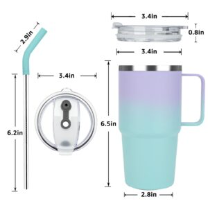 Sursip 24 oz Insulated Cup with Handle, Double Wall Vacuum Stainless Steel Tumbler with Straw and 2 Lids, For Cold/Hot Drinks, Coffee Travel Mug for Car/Home/Office/Party/Camping (Purple＆Green-1 Pack)