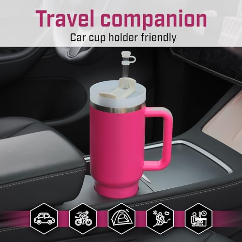 SEDBRÖS 40 Oz Tumbler With Handle And Straw Insulated Stainless Steel Travel Mug With Lid For Hot And Cold Drinks Quencher With Lid And Straw Leak Proof Spill Proof Hot Pink