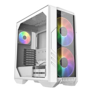 cooler master haf 500 white high airflow atx mid-tower, mesh front panel, dual 200mm customizable arg lighting fans, rotatable gpu fan, usb 3.2 gen 2 type c and tempered glass (h500-wgnn-s00)