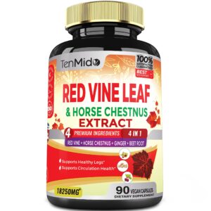 18250mg red vine leaf extract capsules - with horse chestnut, beet root, ginger - herbal suppplement for heart, leg vein & energy - 90 vegan capsules for 45 days