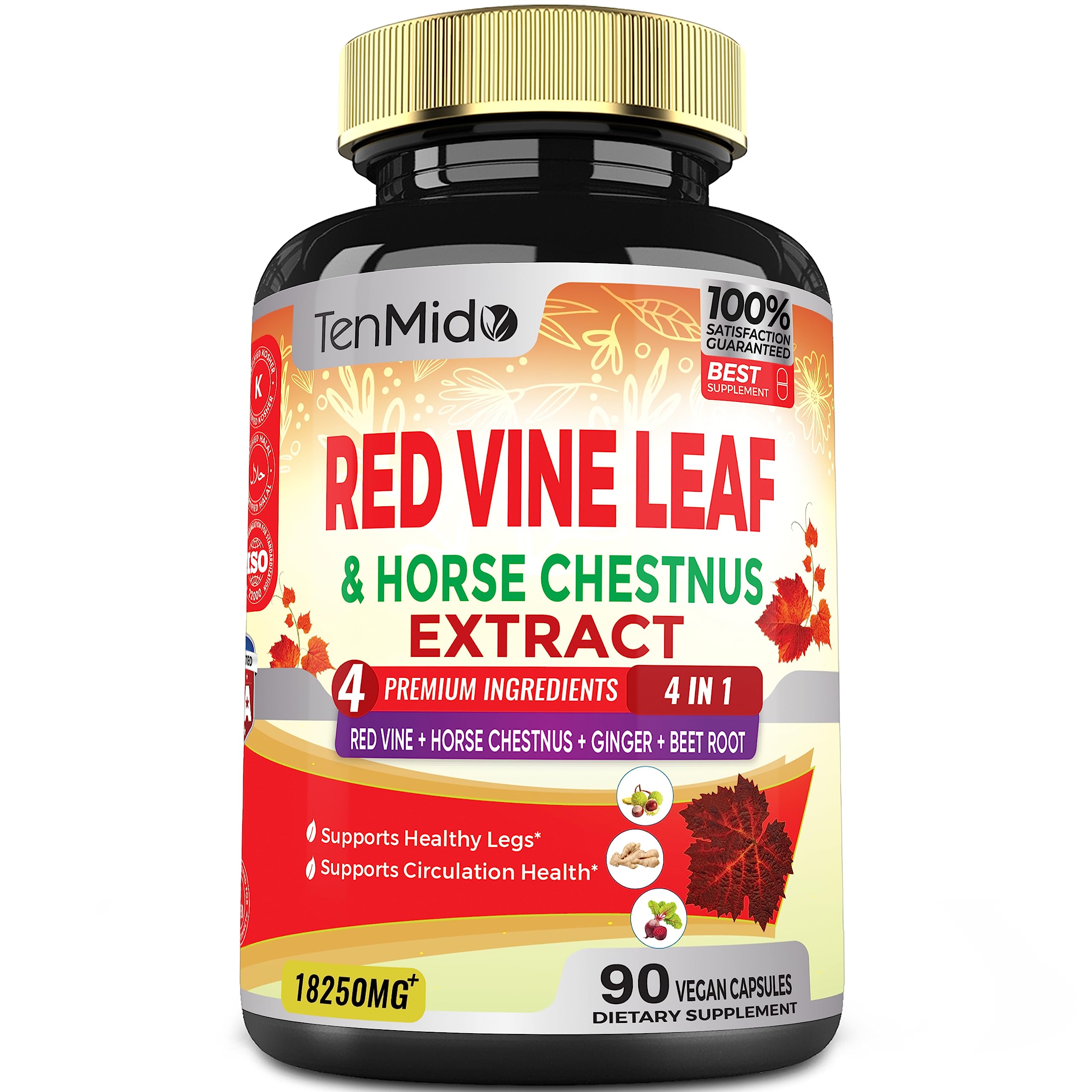 18250mg Red Vine Leaf Extract Capsules - with Horse Chestnut, Beet Root, Ginger - Herbal Suppplement for Heart, Leg Vein & Energy - 90 Vegan Capsules for 45 Days