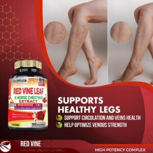 18250mg Red Vine Leaf Extract Capsules - with Horse Chestnut, Beet Root, Ginger - Herbal Suppplement for Heart, Leg Vein & Energy - 90 Vegan Capsules for 45 Days