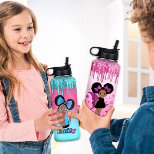 Caisuedawn Personalized Girls Water Bottle Print 18oz/32oz Custom Name Stainless Steel for Kid Sport Water Bottle with Straw Insulated Handle Waterbottle Gift for Teen School Sports Travel