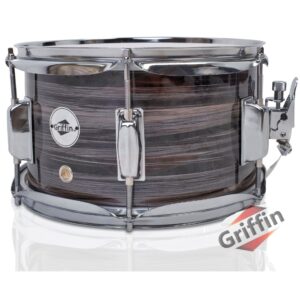 popcorn snare drum by griffin | firecracker acoustic 10" x 6" poplar shell with zebra wood pvc | soprano mini concert marching percussion musical instrument with snare throw off, drummers key & head