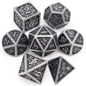 haxtec black metal dice set d&d w/gift leather dice bag spider web polyhedral dnd dice for dungeons and dragons ttrpg games