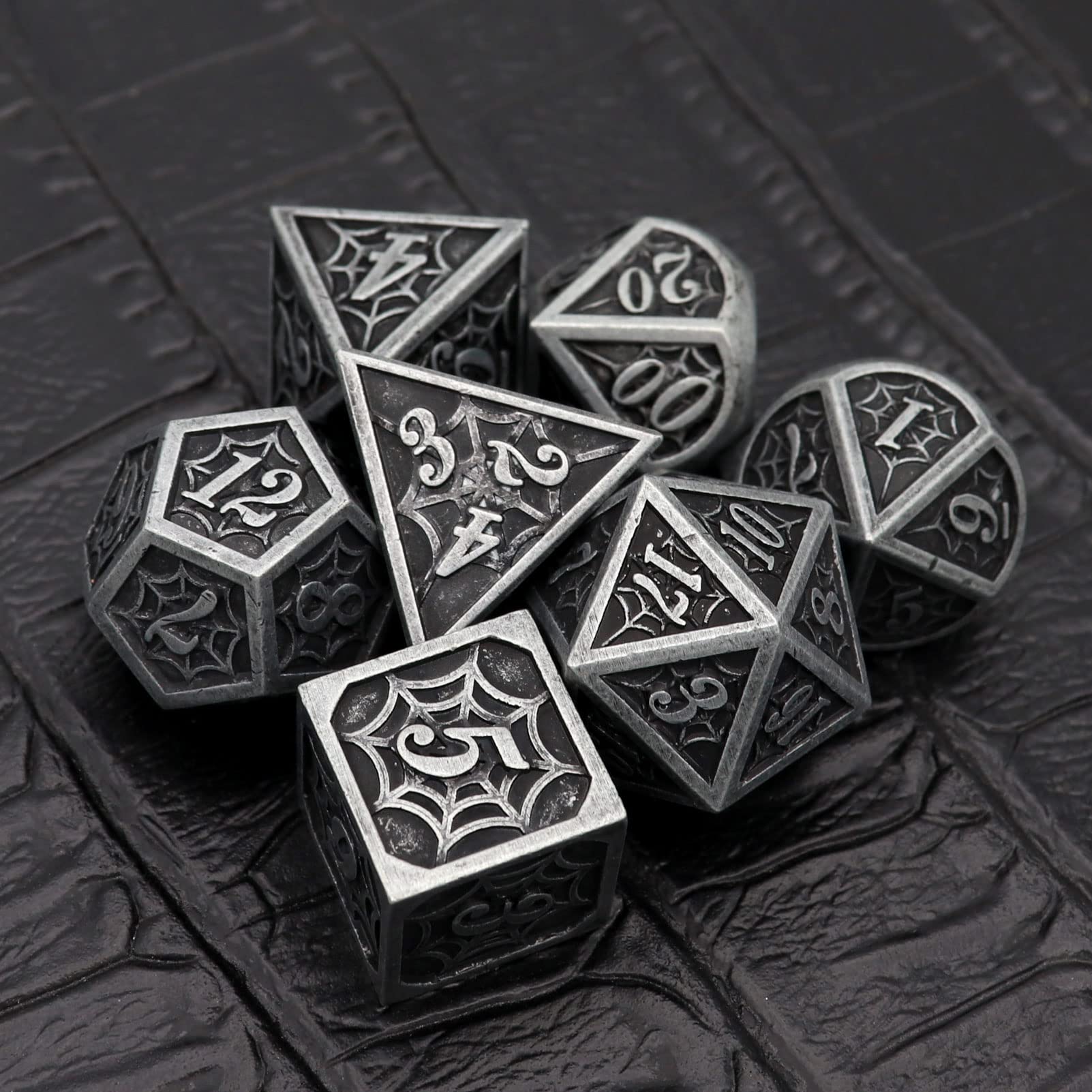 Haxtec Black Metal Dice Set D&D W/Gift Leather Dice Bag Spider Web Polyhedral DND Dice for Dungeons and Dragons TTRPG Games