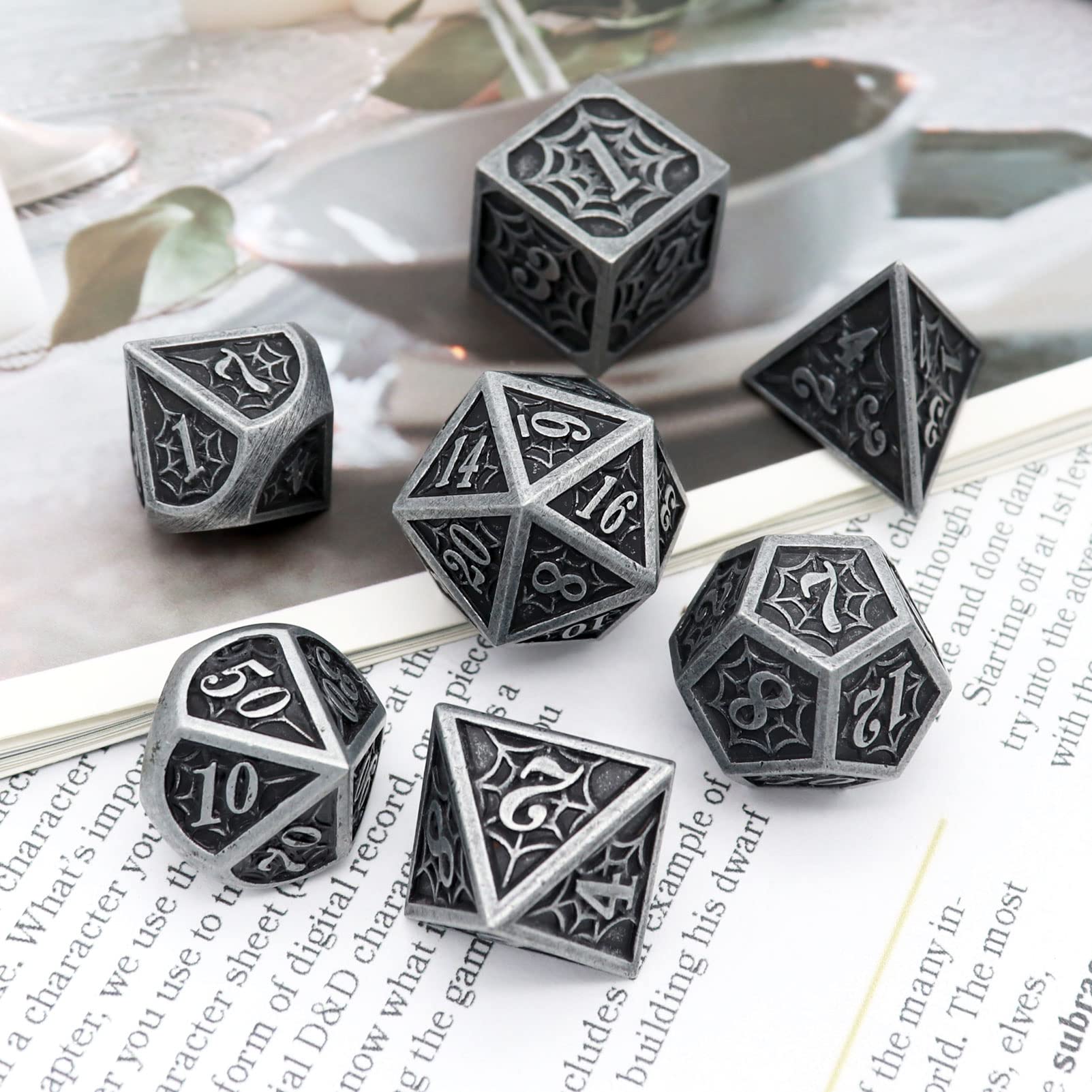 Haxtec Black Metal Dice Set D&D W/Gift Leather Dice Bag Spider Web Polyhedral DND Dice for Dungeons and Dragons TTRPG Games