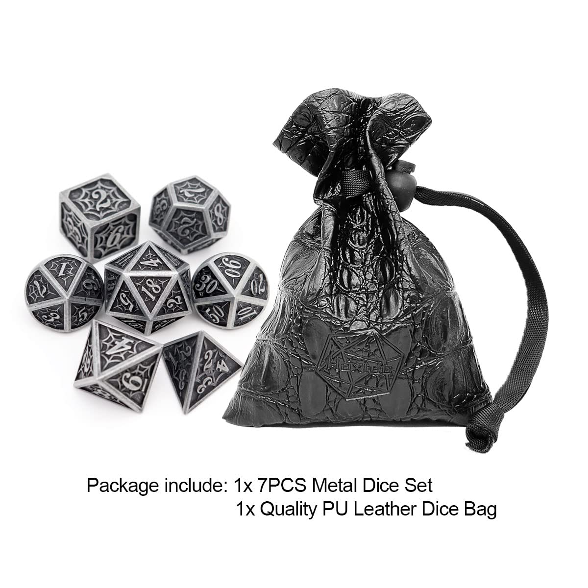 Haxtec Black Metal Dice Set D&D W/Gift Leather Dice Bag Spider Web Polyhedral DND Dice for Dungeons and Dragons TTRPG Games