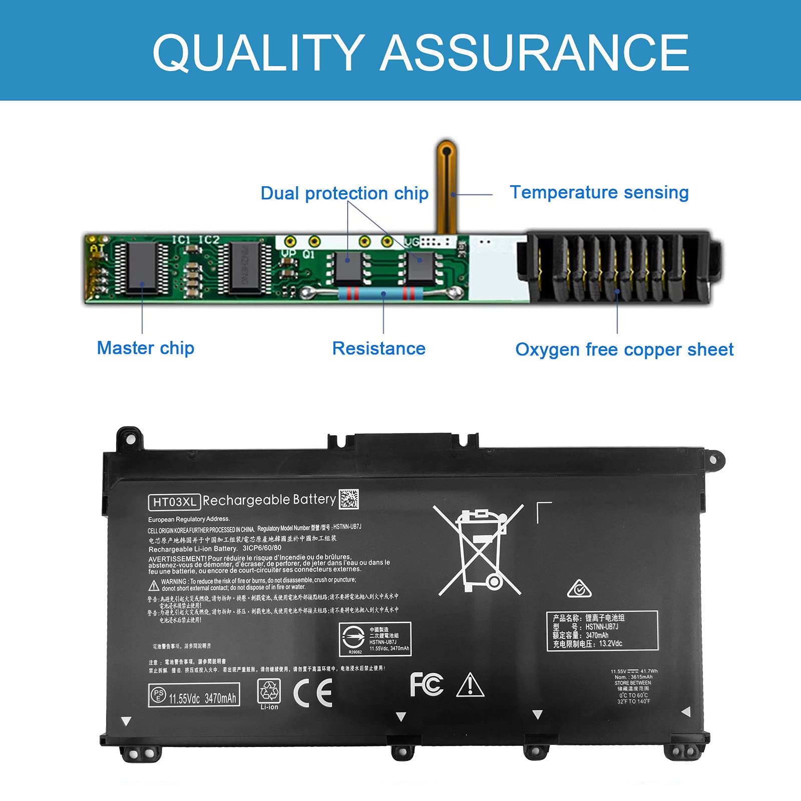 Uziyockn HT03XL L11119-855 Battery for HP Pavilion 14-CE 14-CF 14-DK 14-CM 14-DF 15-CS 15-DA 15-DB 15-DW 17-by 17-CA 14-DQ 15-CW 15-EF 14-FQ L11421-542 L11421-2C2 HT03041XL HSTNN-UB7J HSTNN-DB8R