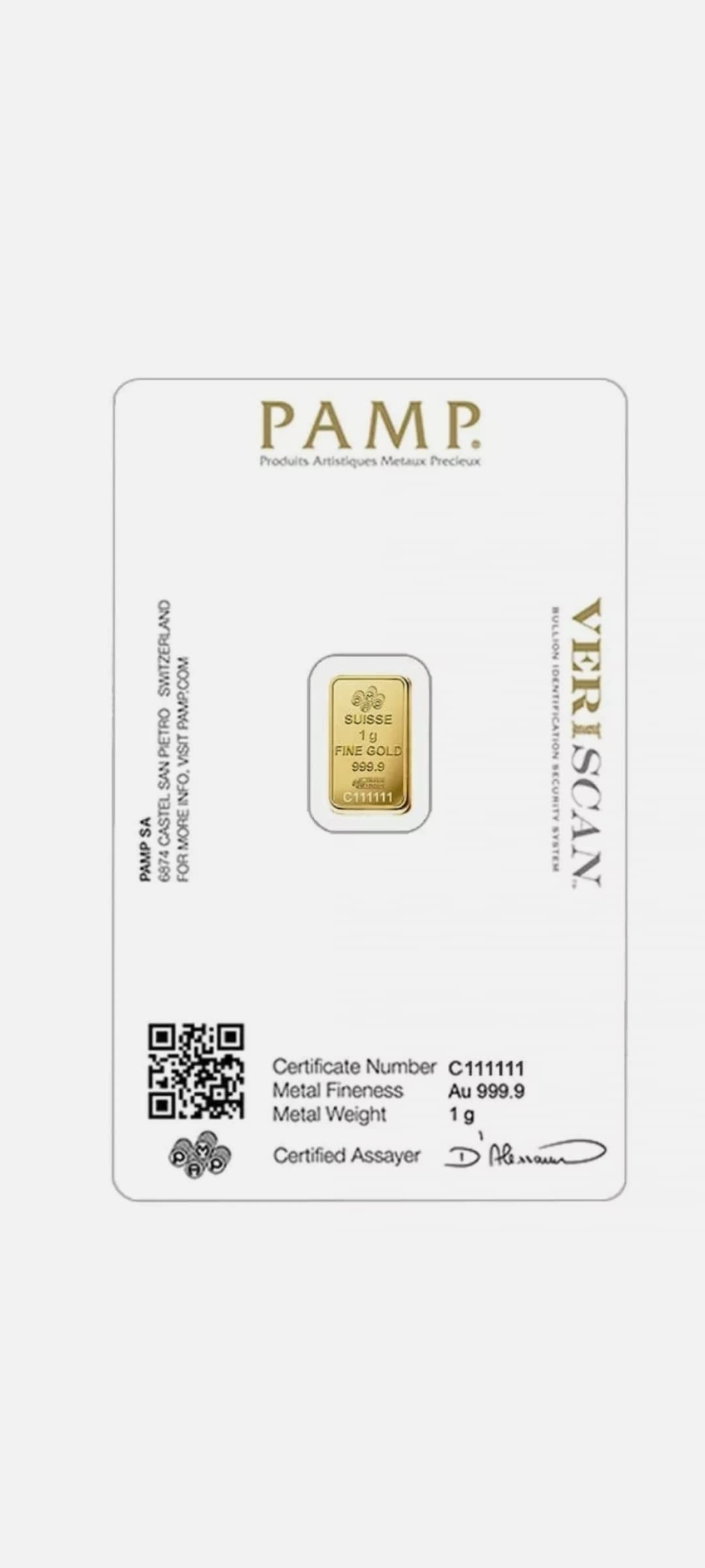 1 Gram Gold Bar PAMP Suisse Lady Fortuna Veriscan .9999 Fine (in Assay) Specifications: Condition:New in Assay Fineness:.9999 .