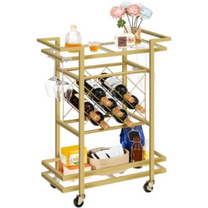 mahancris gold bar cart, home bar serving cart, 3 tier drink cart with 7 wine bottle racks, glass holders, beverage cart on wheels for kitchen, bar, dining room, living room, outdoor, glass, rcj50b01