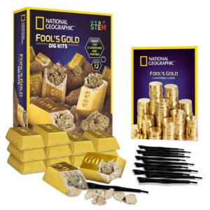 national geographic fool’s gold dig kit – 12 gold bar dig bricks with 2-3 pyrite specimens inside, party activity with 12 excavation tool sets, great stem toy for boys & girls or party favors