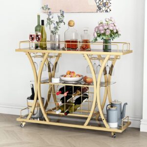 fabomei gold bar carts with glass holders & wine rack,3 tier home bar serving carts with glass shelves,metal rolling bar carts for the home kitchen, party