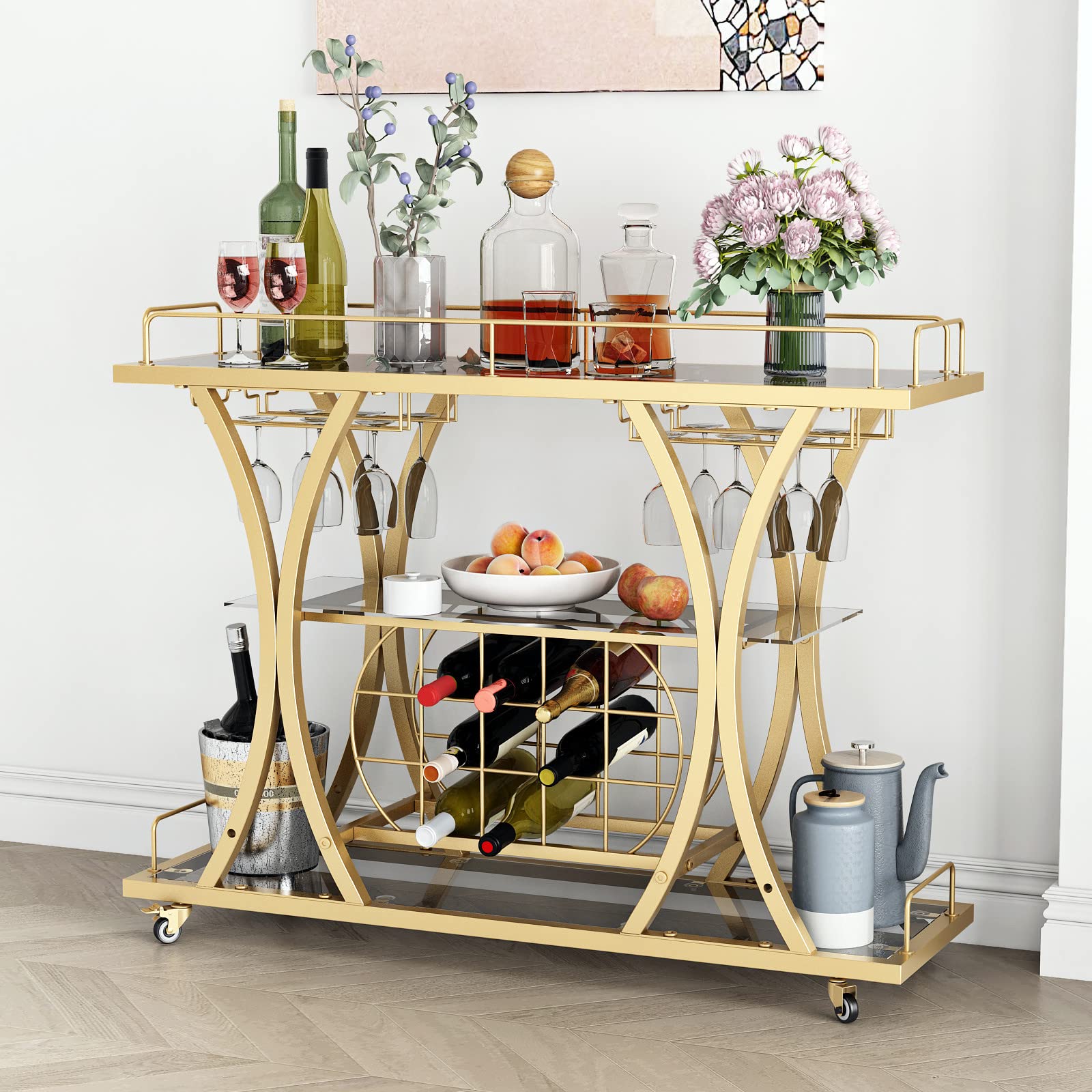 FABOMEI Gold Bar Carts with Glass Holders & Wine Rack,3 Tier Home Bar Serving Carts with Glass Shelves,Metal Rolling Bar Carts for The Home Kitchen, Party