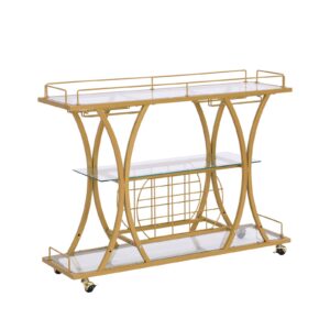 FABOMEI Gold Bar Carts with Glass Holders & Wine Rack,3 Tier Home Bar Serving Carts with Glass Shelves,Metal Rolling Bar Carts for The Home Kitchen, Party