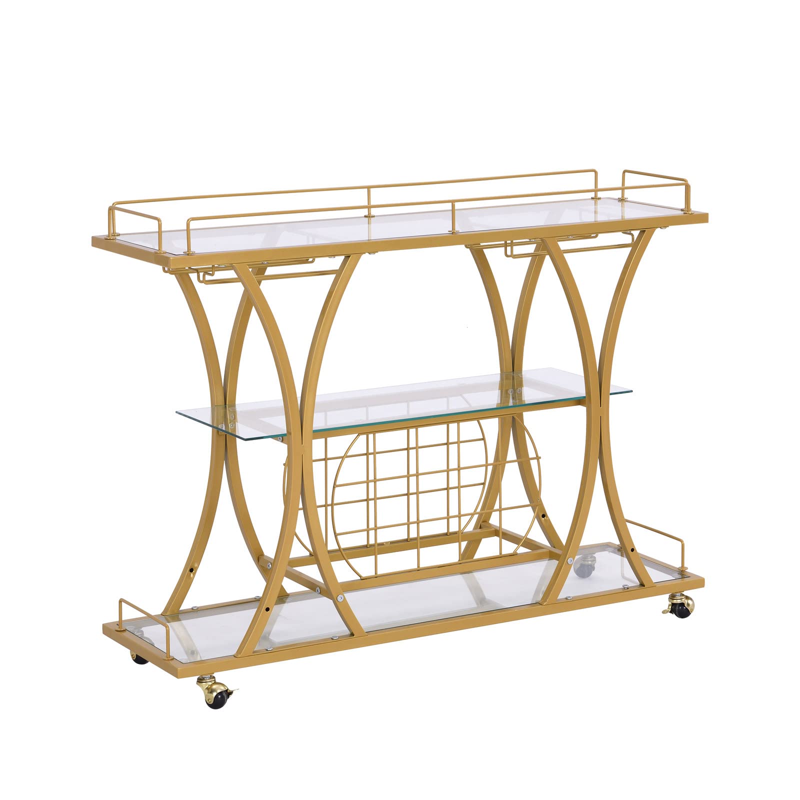 FABOMEI Gold Bar Carts with Glass Holders & Wine Rack,3 Tier Home Bar Serving Carts with Glass Shelves,Metal Rolling Bar Carts for The Home Kitchen, Party