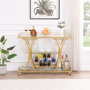 FABOMEI Gold Bar Carts with Glass Holders & Wine Rack,3 Tier Home Bar Serving Carts with Glass Shelves,Metal Rolling Bar Carts for The Home Kitchen, Party