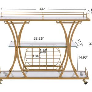 FABOMEI Gold Bar Carts with Glass Holders & Wine Rack,3 Tier Home Bar Serving Carts with Glass Shelves,Metal Rolling Bar Carts for The Home Kitchen, Party