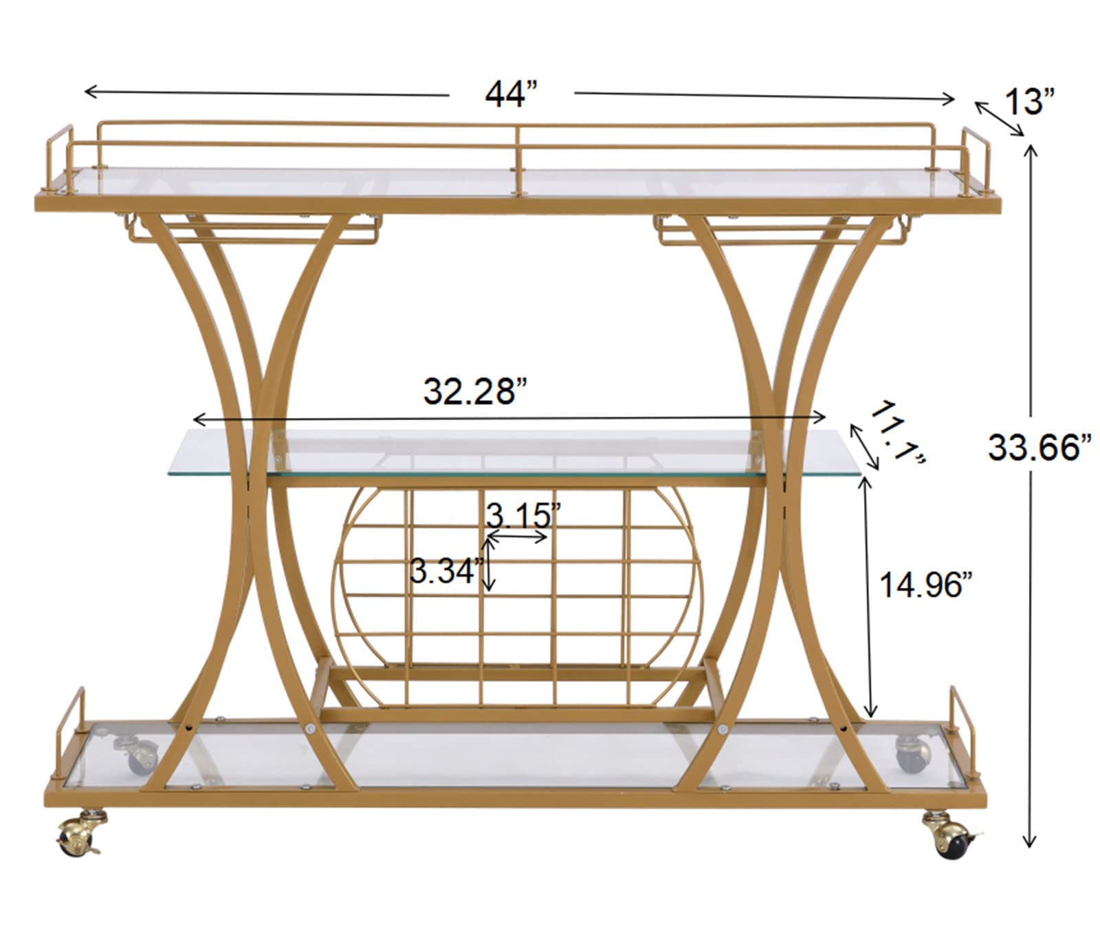 FABOMEI Gold Bar Carts with Glass Holders & Wine Rack,3 Tier Home Bar Serving Carts with Glass Shelves,Metal Rolling Bar Carts for The Home Kitchen, Party