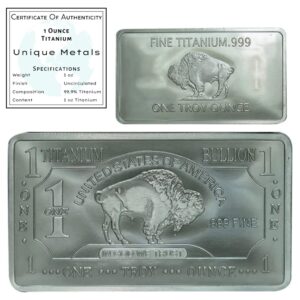 1 oz one troy ounce usa american buffalo .999 fine titanium bullion bar ti element with certificate of authenticity by unique metals