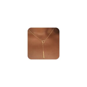 picuzzy lariat gold necklace for women, dainty 14k gold plated y necklace for women trendy layered circle bar chain pendant necklaces simple gold jewelry for women gift